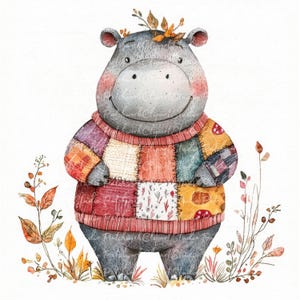 10 Autumn Hippo Clipart Bundle, PNG & JPG, Printable Patchwork, Hippo ...