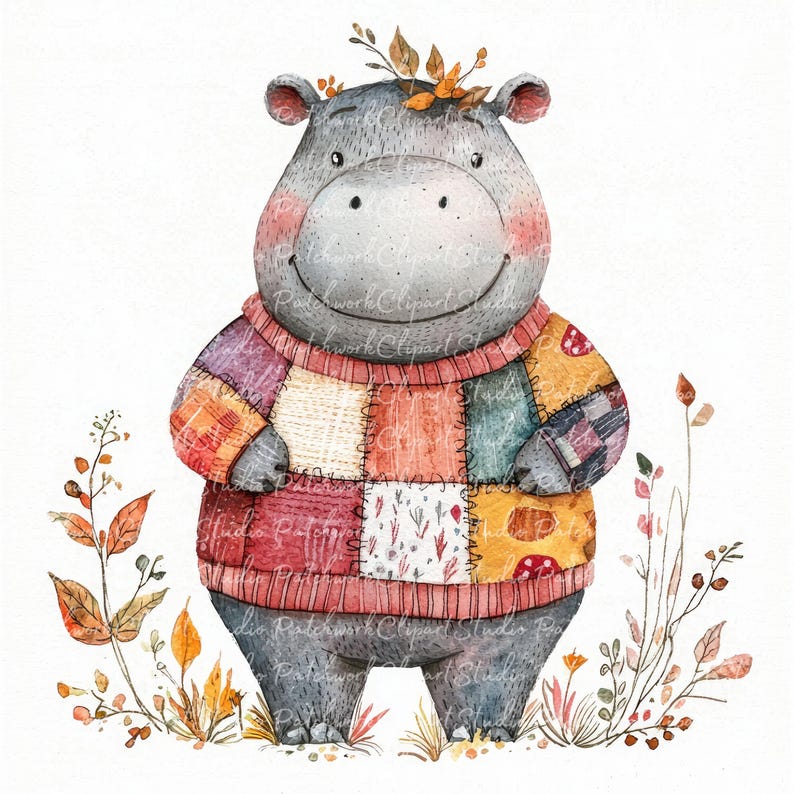 10 Autumn Hippo Clipart Bundle, PNG & JPG, Printable Patchwork, Hippo ...