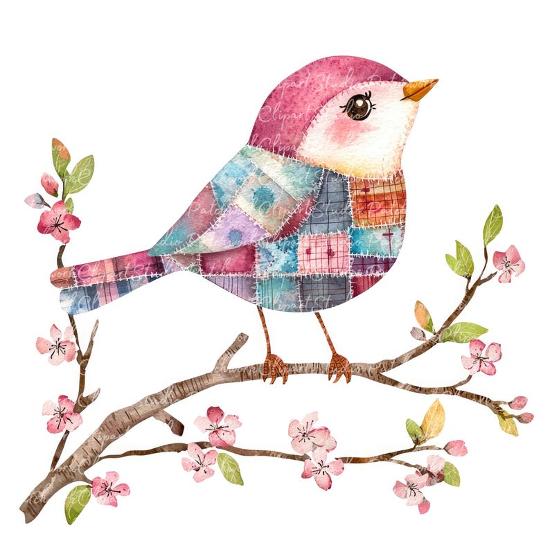 10 Spring Bird Clipart Bundle, PNG & JPG, Printable Patchwork Bird ...