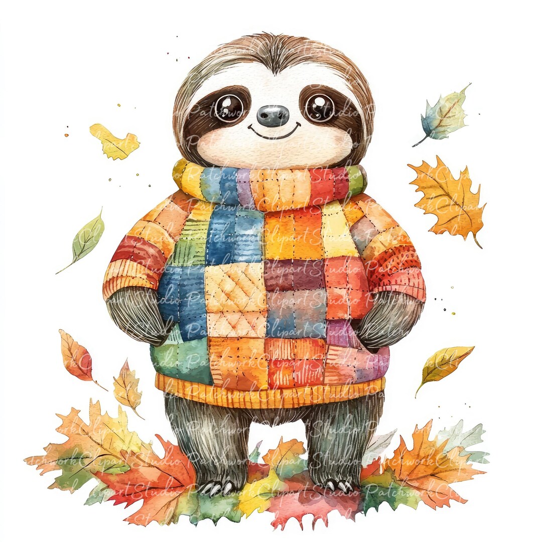 10 Autumn Sloth Clipart Bundle, PNG & JPG, Printable Patchwork, Sloth ...