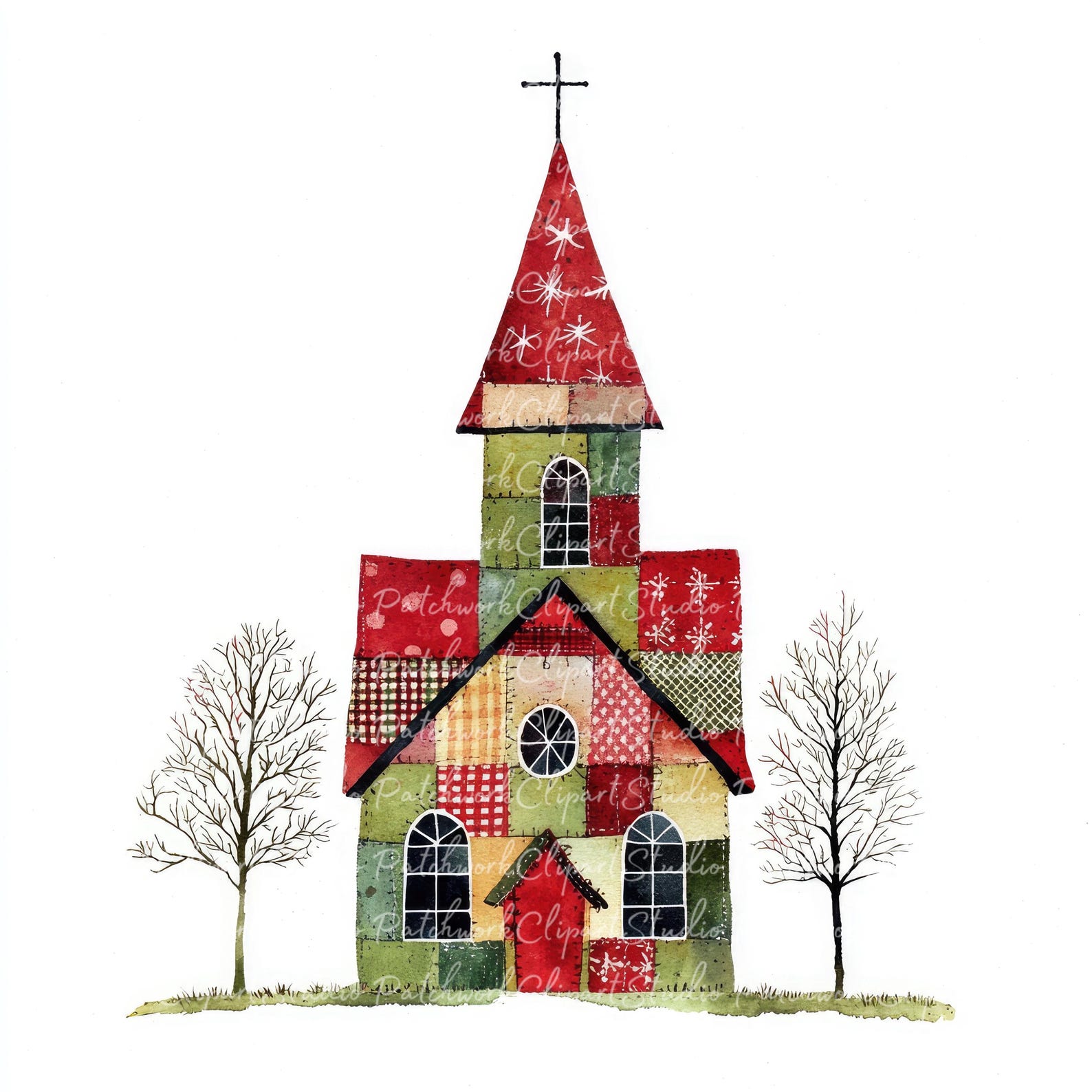 10 Christmas Church Clipart Bundle, PNG & JPG, Printable Patchwork ...