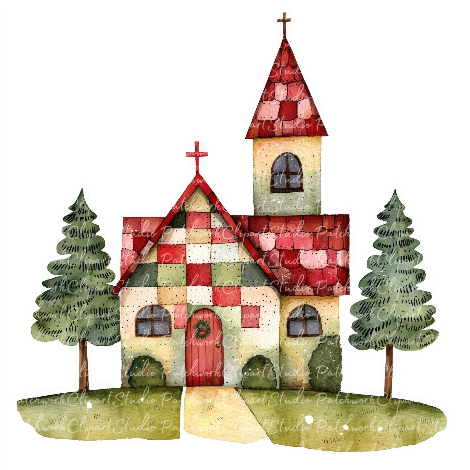 10 Christmas Church Clipart Bundle, PNG & JPG, Printable Patchwork ...