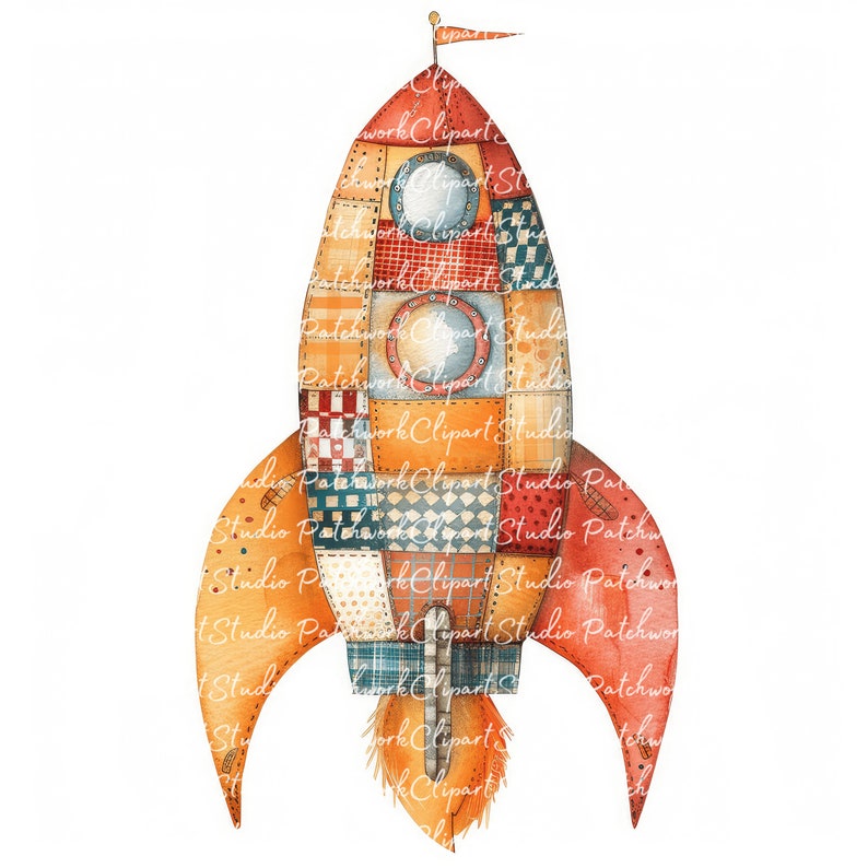 10 Rockets Clipart Bundle, Printable Patchwork Rocket, Quilted Fabric ...