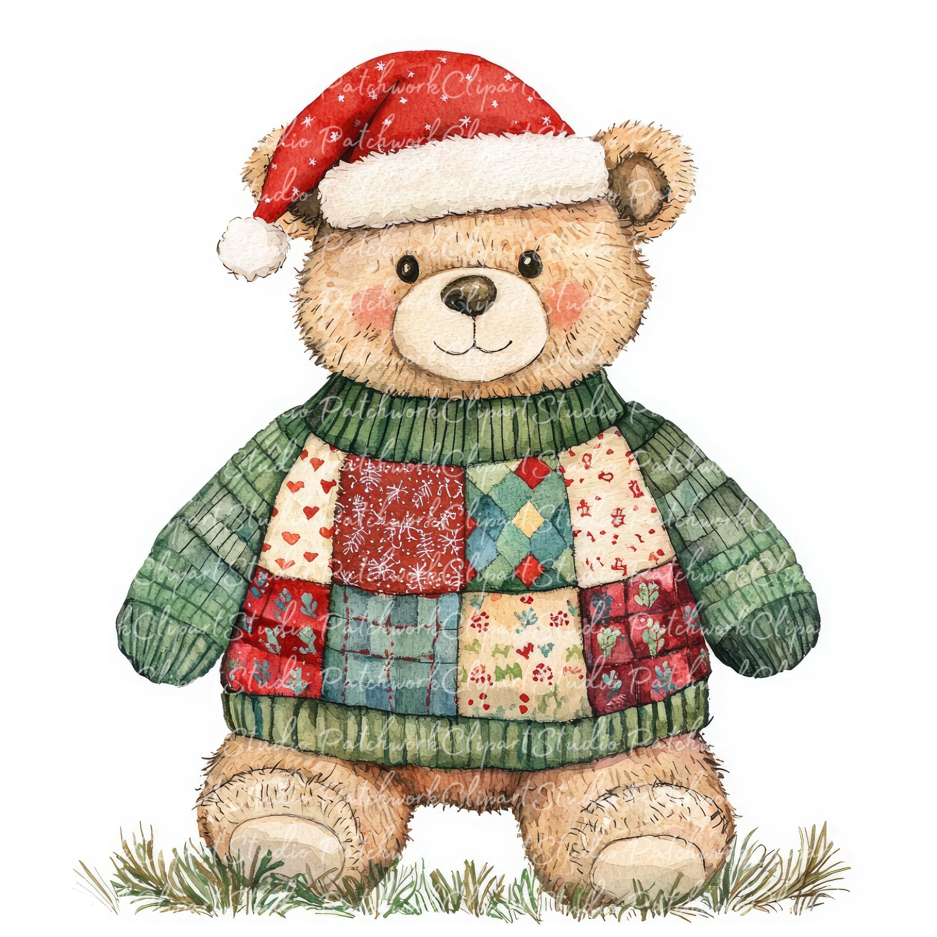 10 Christmas Teddy Bear Clipart Bundle, PNG & JPG, Printable Patchwork ...