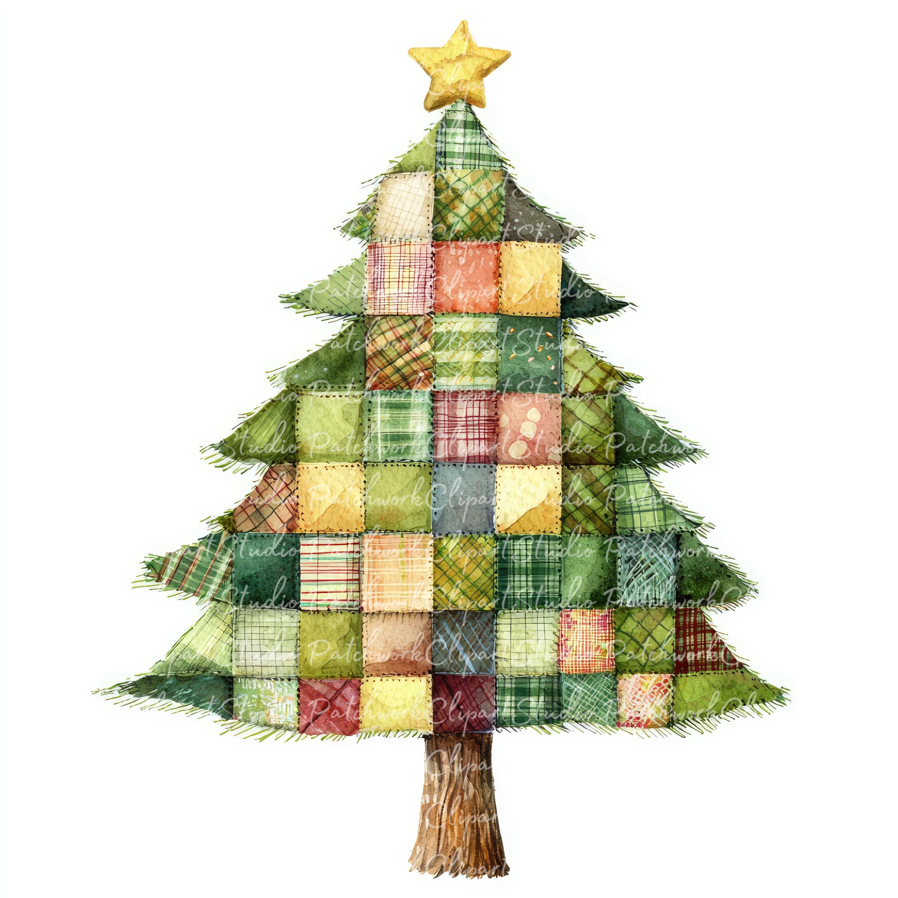 10 Christmas Tree Clipart Bundle, PNG & JPG, Printable Patchwork, Xmas ...