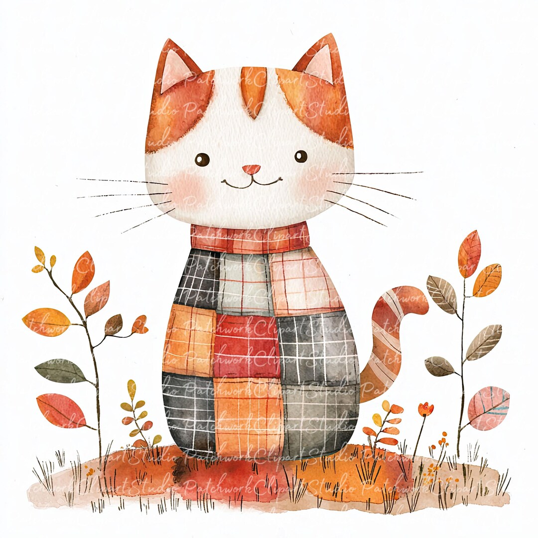 10 Autumn Cat Clipart Bundle, PNG & JPG, Printable Patchwork, Cat in ...