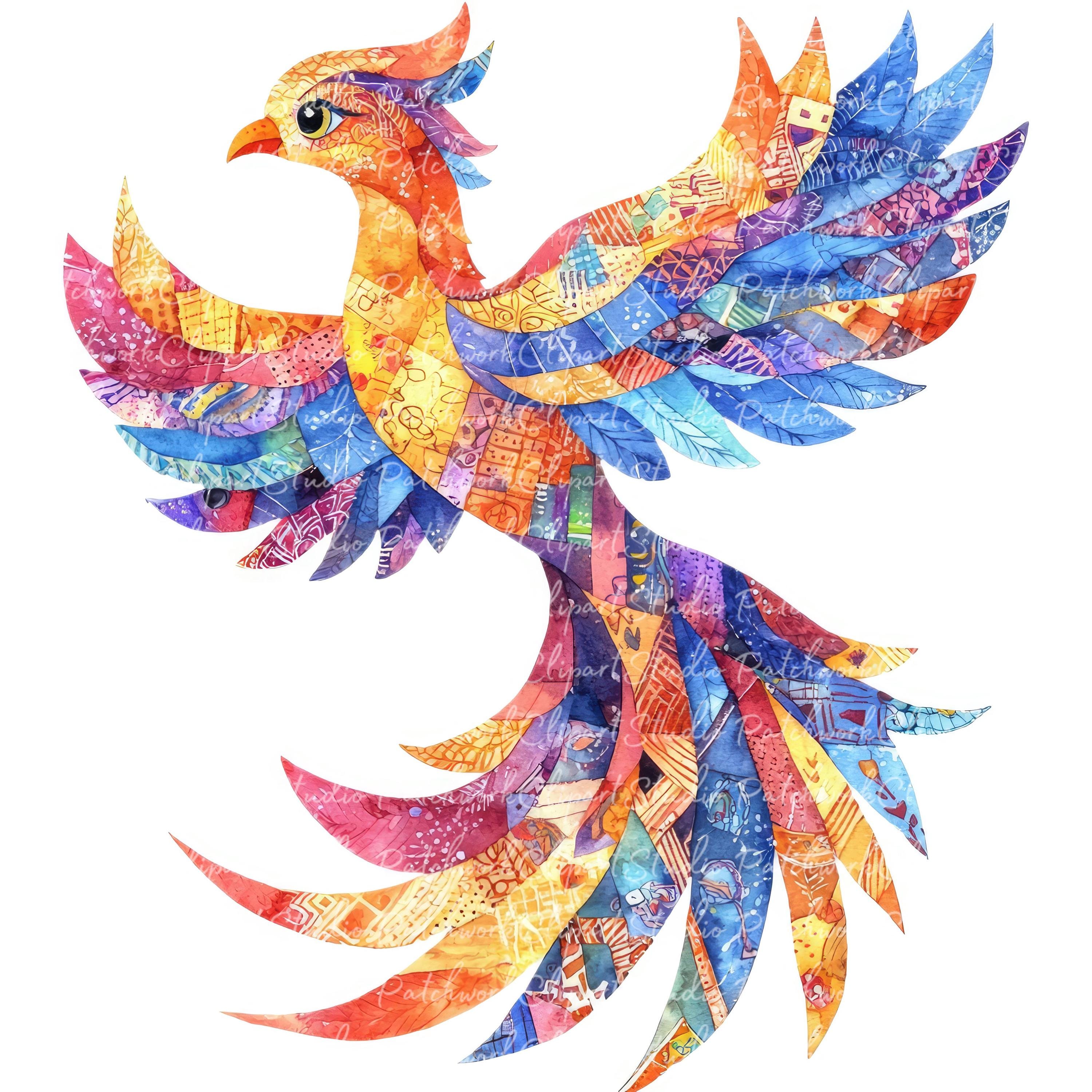 10 Phoenix Clipart Bundle, PNG & JPG, Printable Patchwork Bird ...