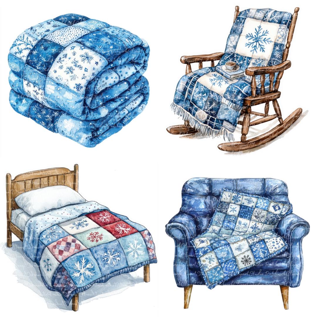 14 Quilted Blue Winter Blanket Clipart Bundle, PNG & JPG, Printable ...