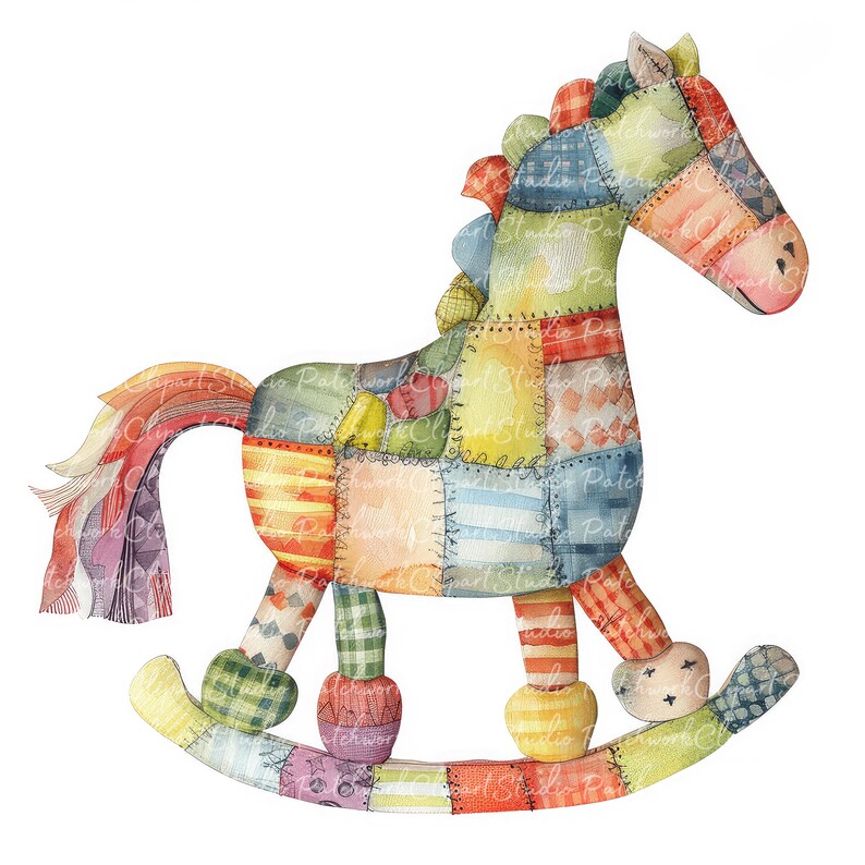 10 Rocking Horse Clipart Bundle, PNG & JPG, Printable Patchwork Toy ...