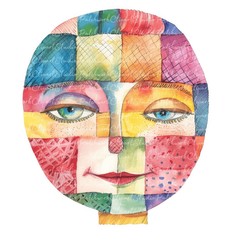 10 Faces Clipart Bundle, PNG & JPG, Printable Patchwork Face ...