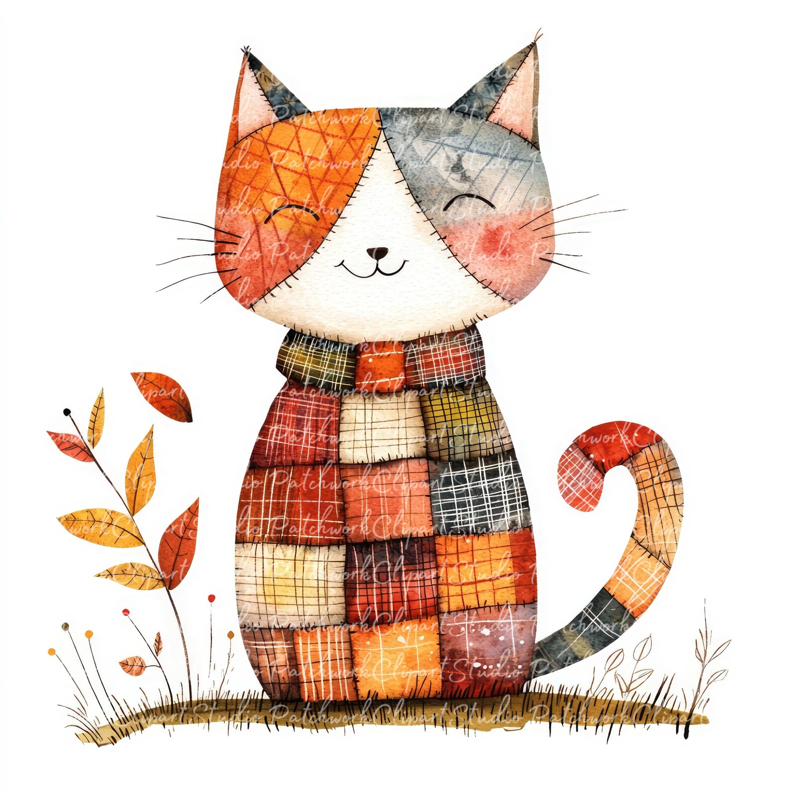 10 Autumn Cat Clipart Bundle, PNG & JPG, Printable Patchwork, Cat in ...