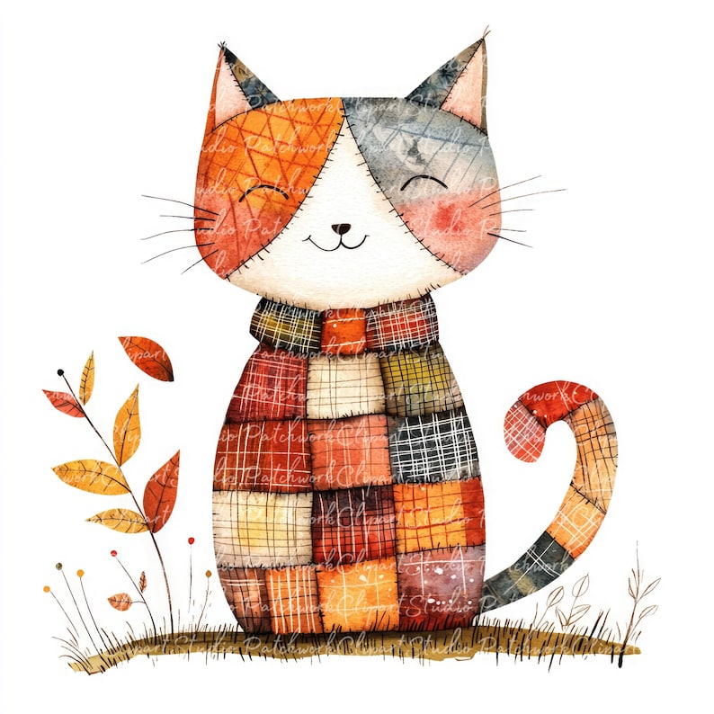 10 Autumn Cat Clipart Bundle, PNG & JPG, Printable Patchwork, Cat in ...