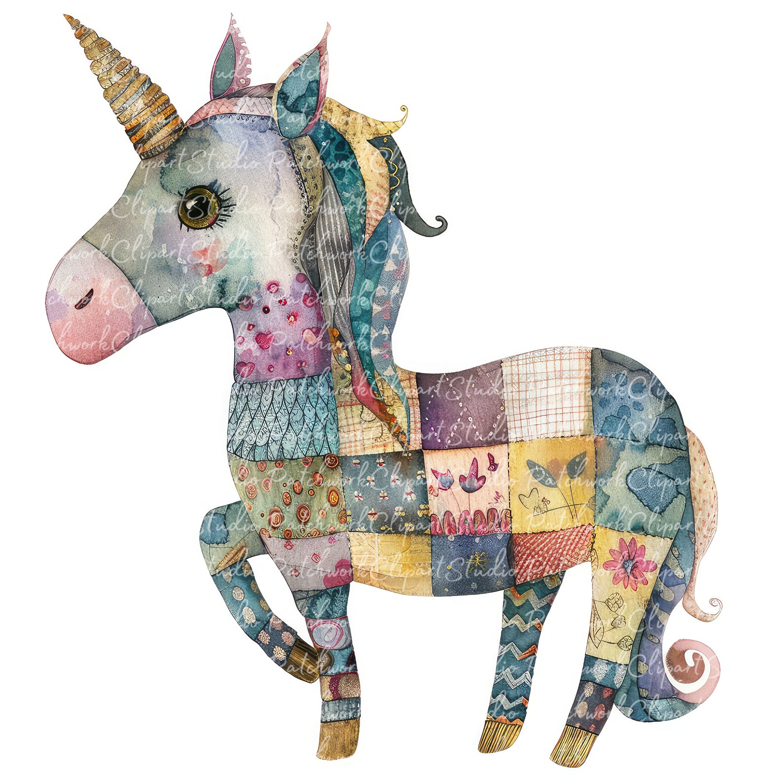 10 Unicorns Clipart Bundle, Printable Patchwork Unicorn, Cute Horse, Fabric Illustrations ...