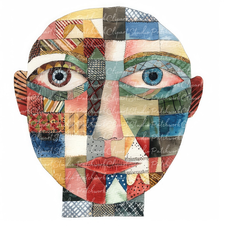 10 Faces Clipart Bundle, Printable Patchwork Face, Quilted Fabric ...