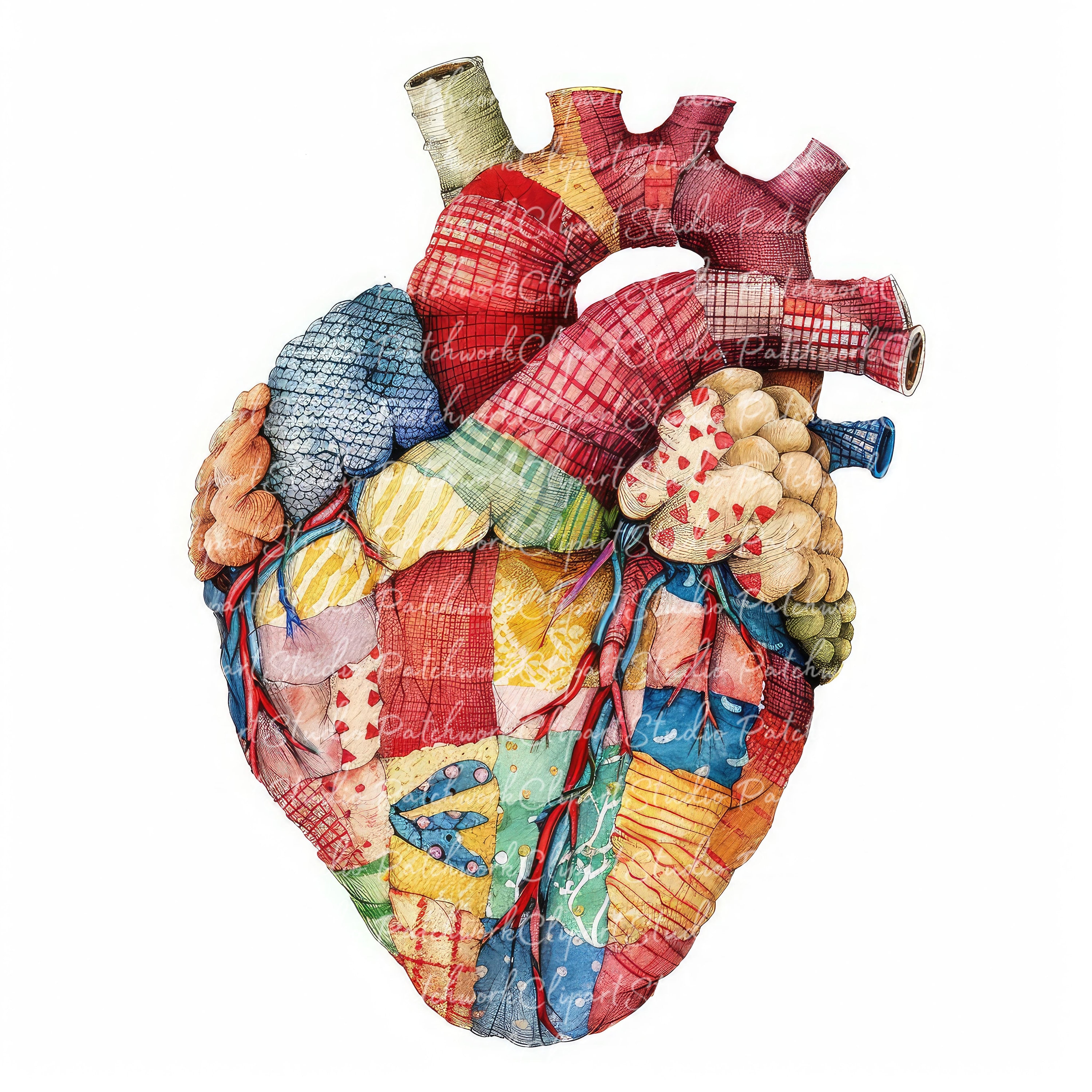 10 Human Heart Clipart Bundle, PNG & JPG, Printable Patchwork Anatomy ...