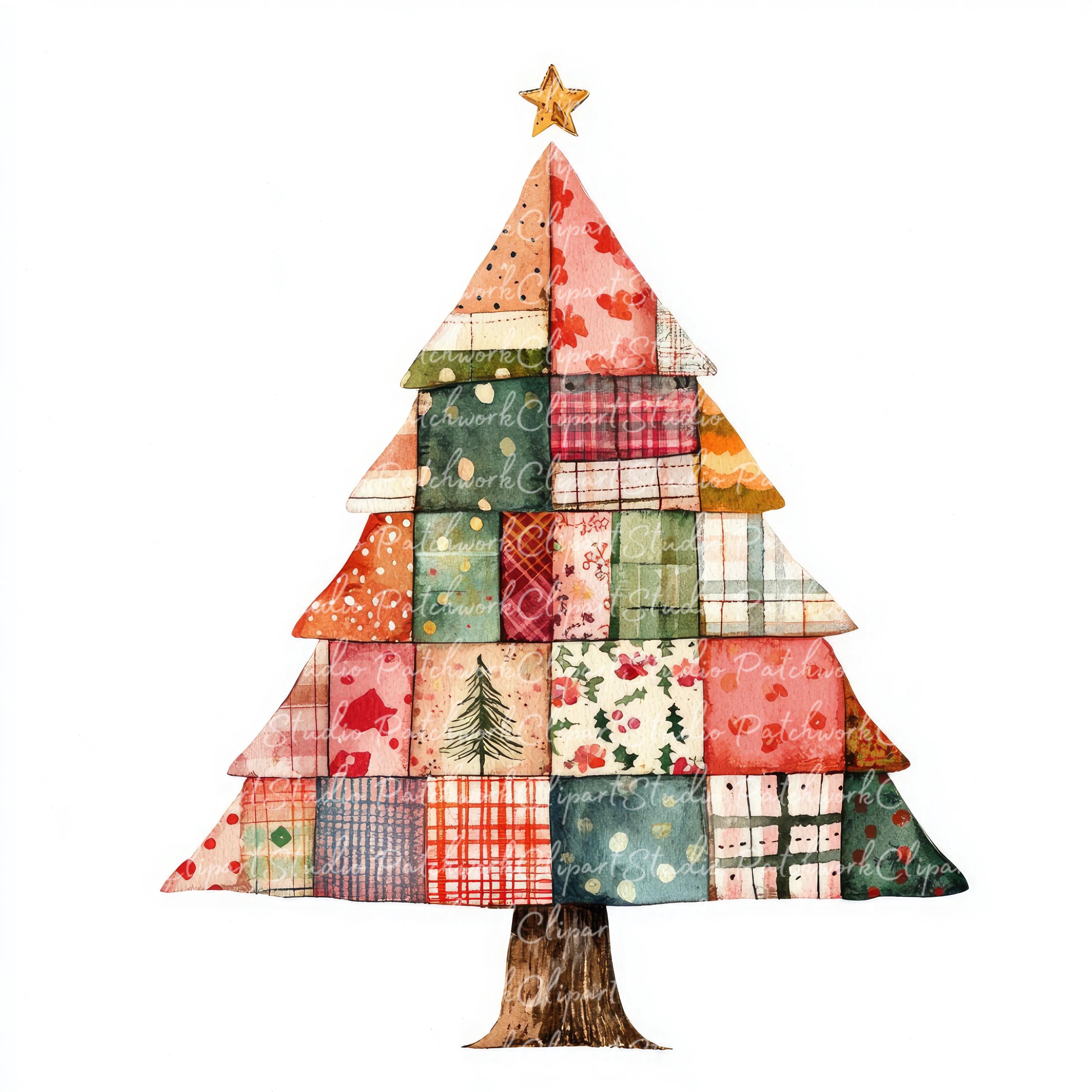 10 Christmas Tree Clipart Bundle, PNG & JPG, Printable Patchwork, Xmas ...