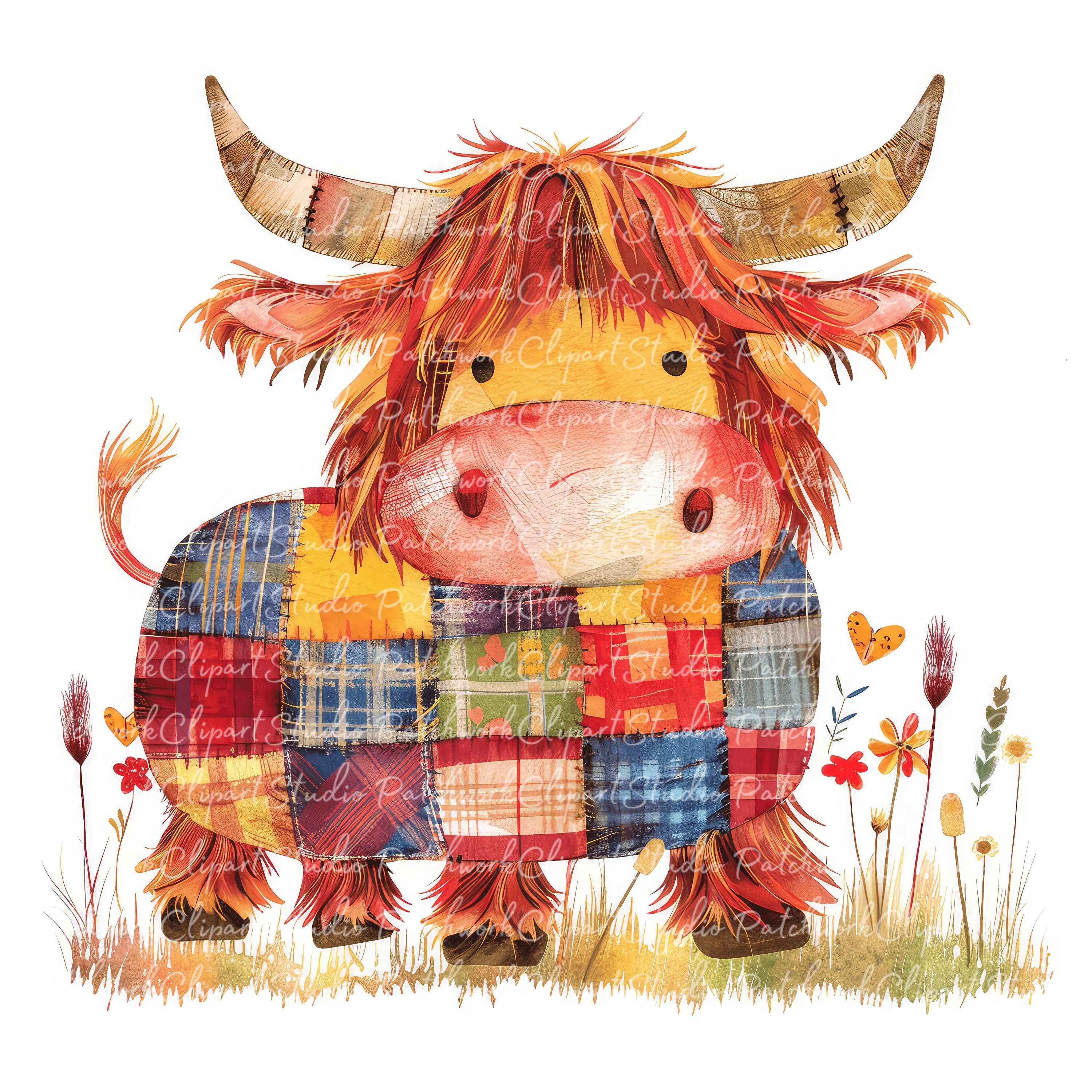 10 Highland Cows Clipart Bundle, PNG & JPG, Printable Patchwork Cow ...