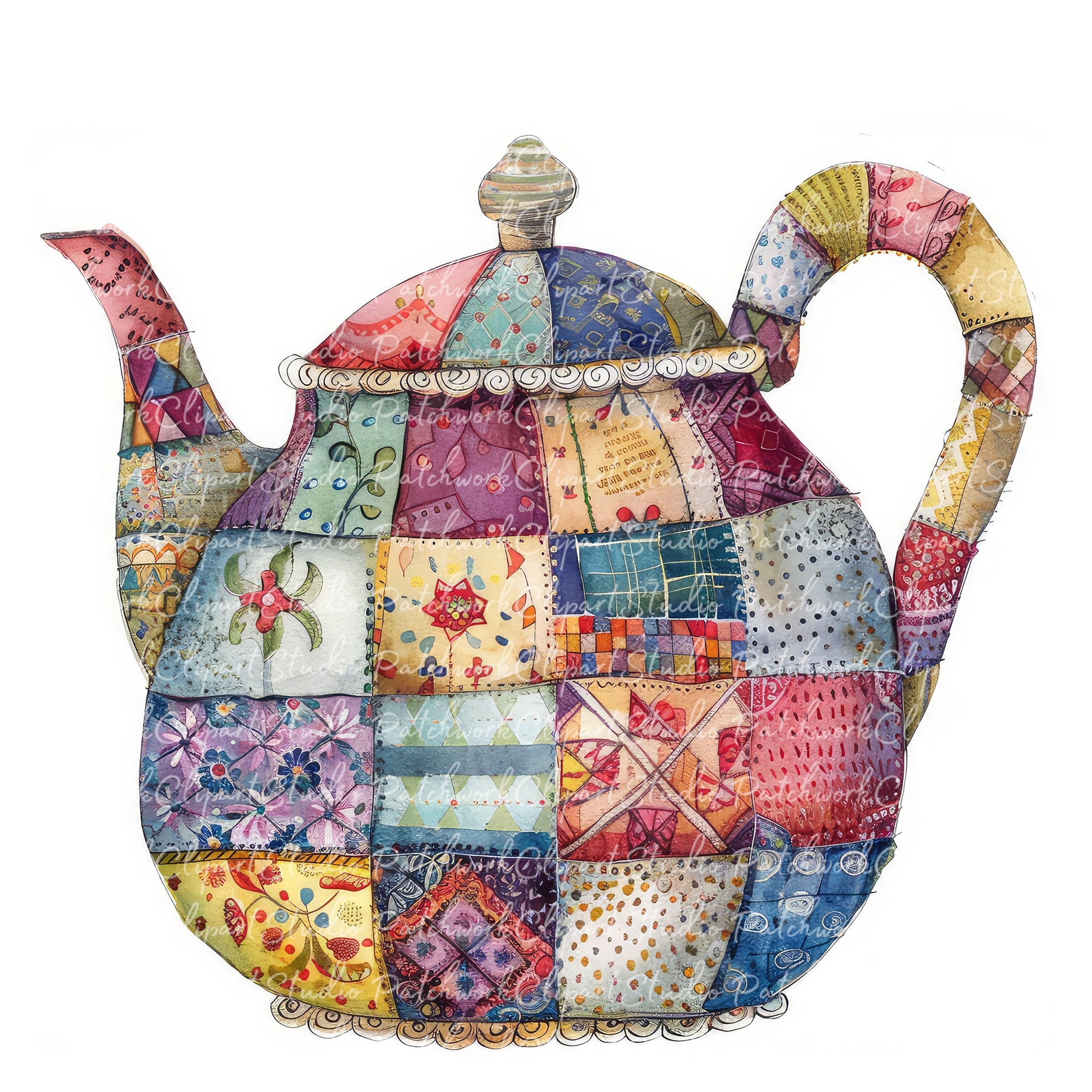 10 Teapots Clipart Bundle, PNG & JPG, Printable Patchwork Teapot ...