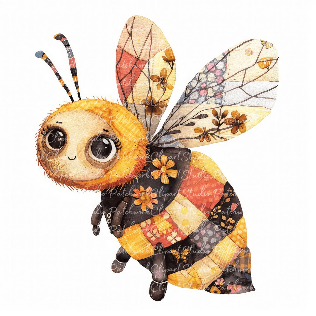 10 Bees Clipart Bundle, PNG & JPG, Printable Patchwork Bee ...