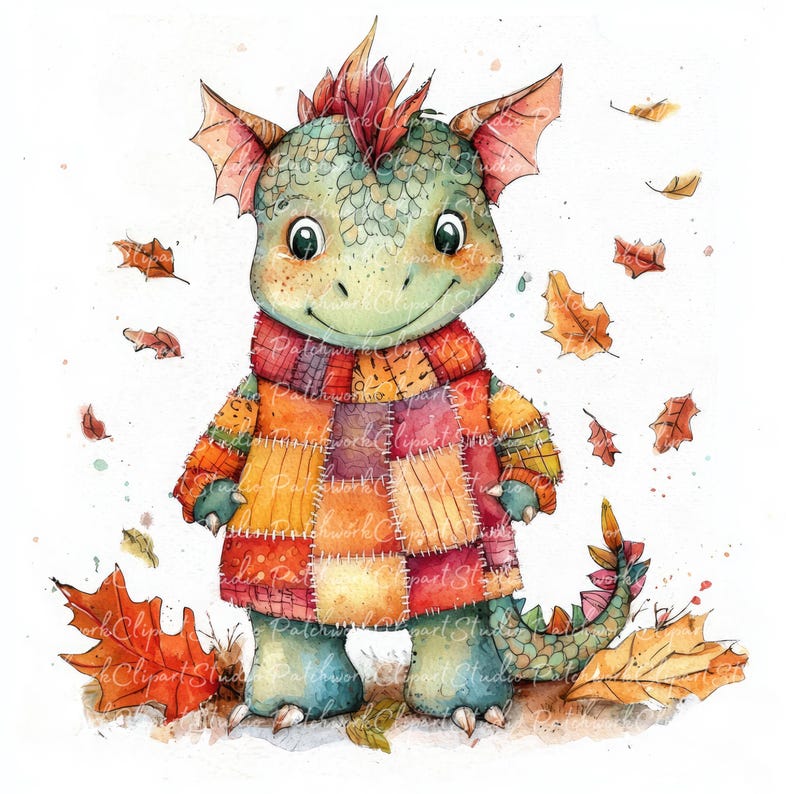 10 Autumn Dragon Clipart Bundle, PNG & JPG, Printable Patchwork, Dragon ...