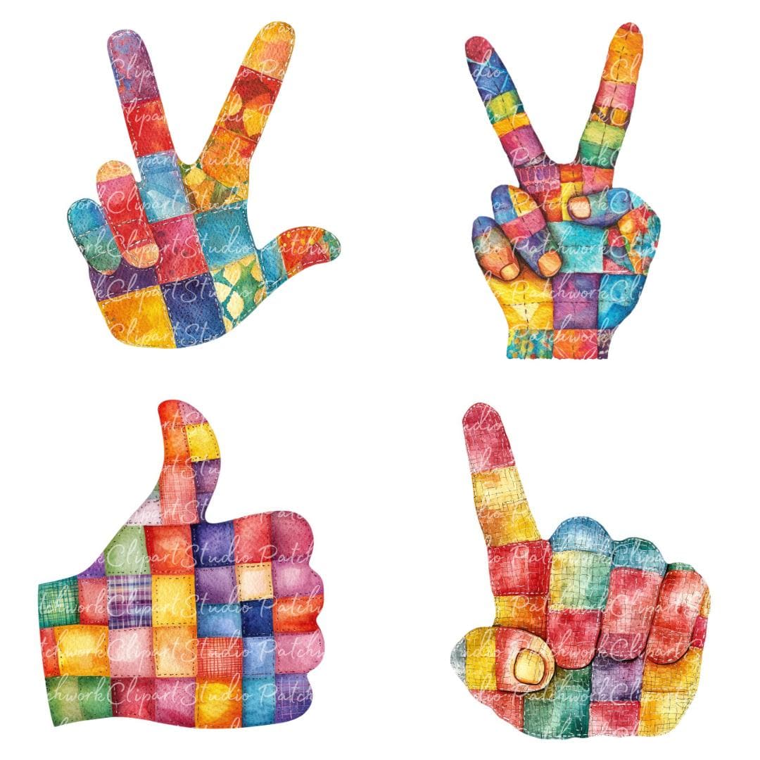 10 Hand Signs Clipart Bundle, PNG & JPG, Printable Patchwork Thumbs up ...