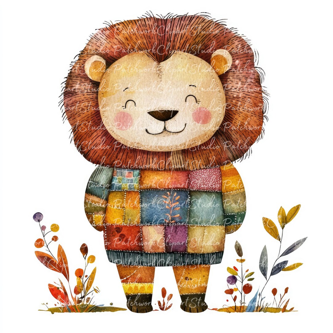 10 Autumn Lion Clipart Bundle, PNG & JPG, Printable Patchwork, Lion in ...