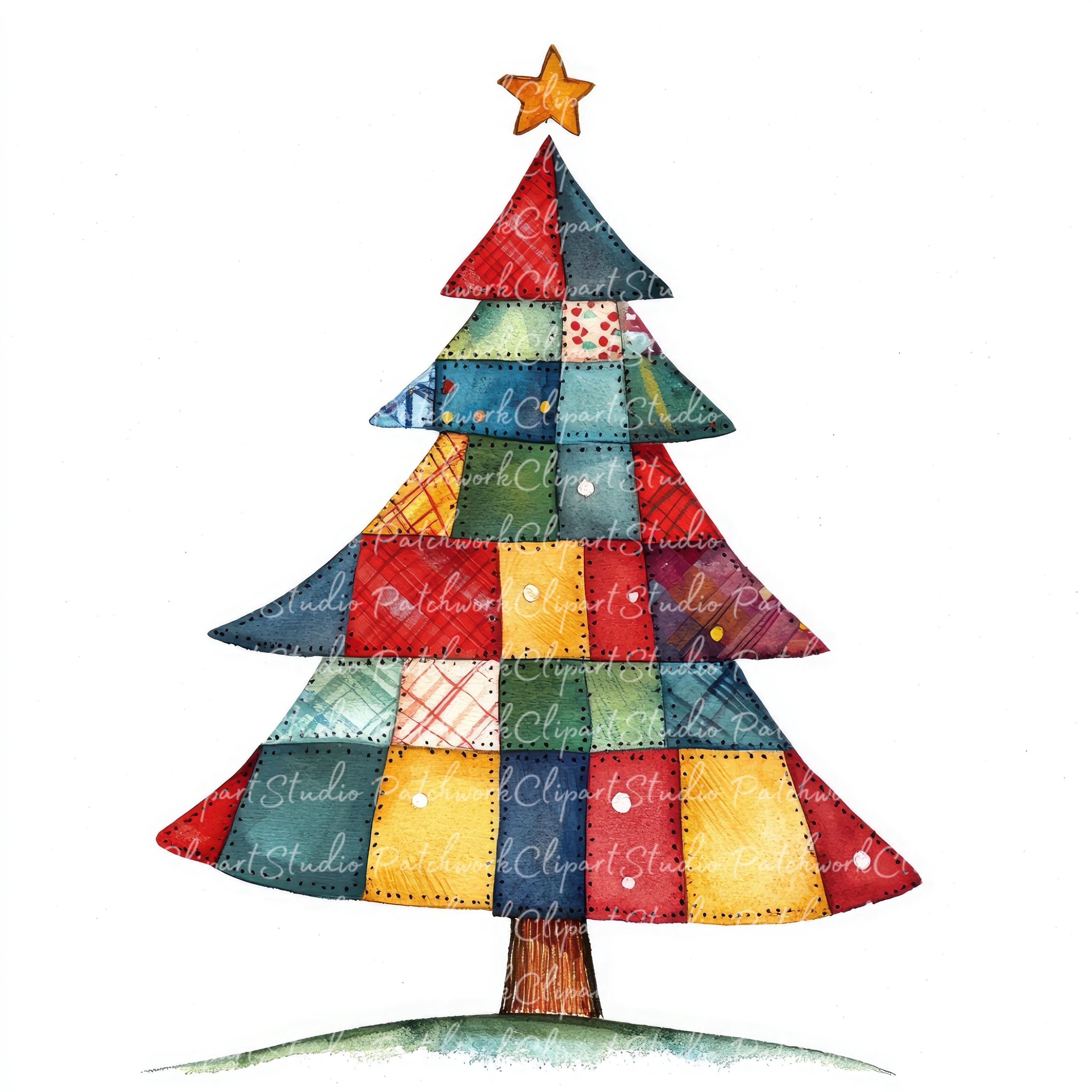 10 Patchwork Christmas Tree Clipart Bundle, PNG & JPG, Printable ...