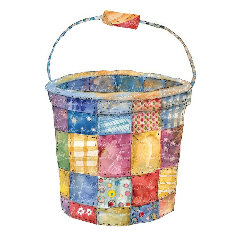 10 Buckets Clipart Bundle, PNG & JPG, Printable Patchwork Bucket ...