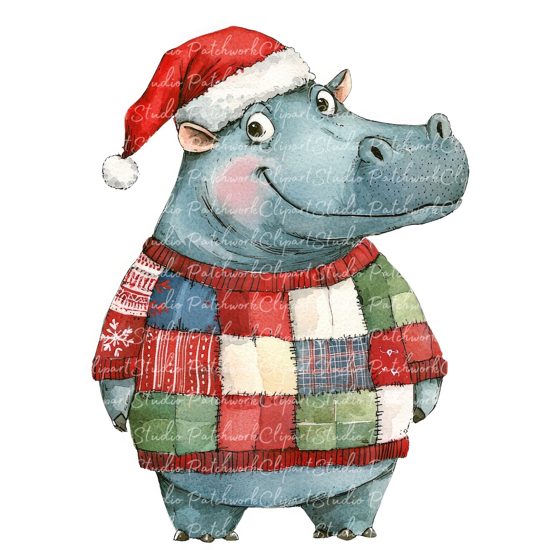 10 Christmas Hippo Clipart Bundle, PNG & JPG, Printable Patchwork, XMAS ...