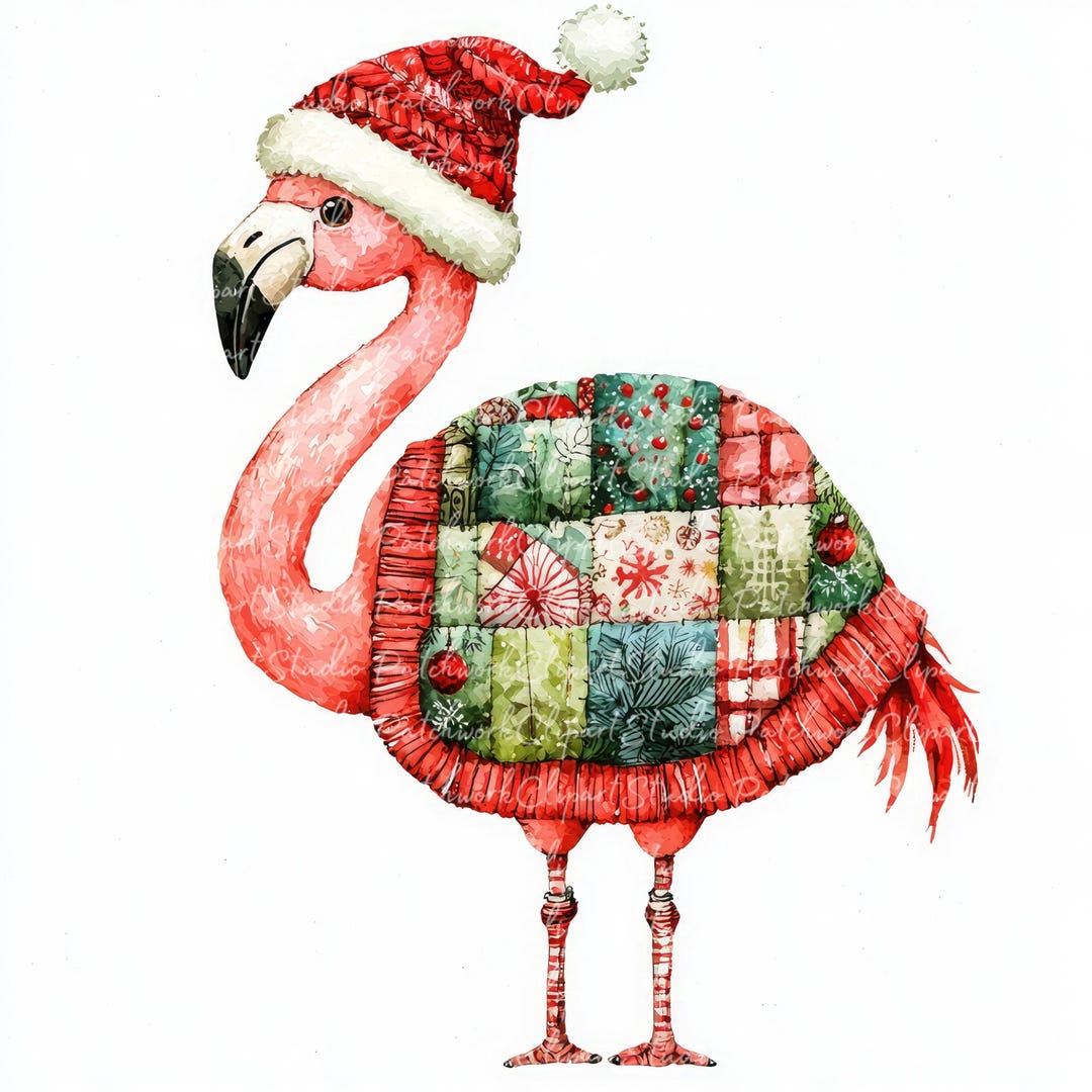 10 Christmas Flamingo Clipart Bundle, PNG & JPG, Printable Patchwork ...