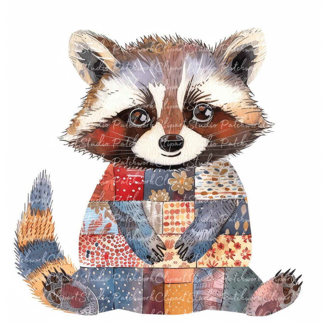 10 Raccoons Clipart Bundle, PNG & JPG, Printable Patchwork Raccoon ...