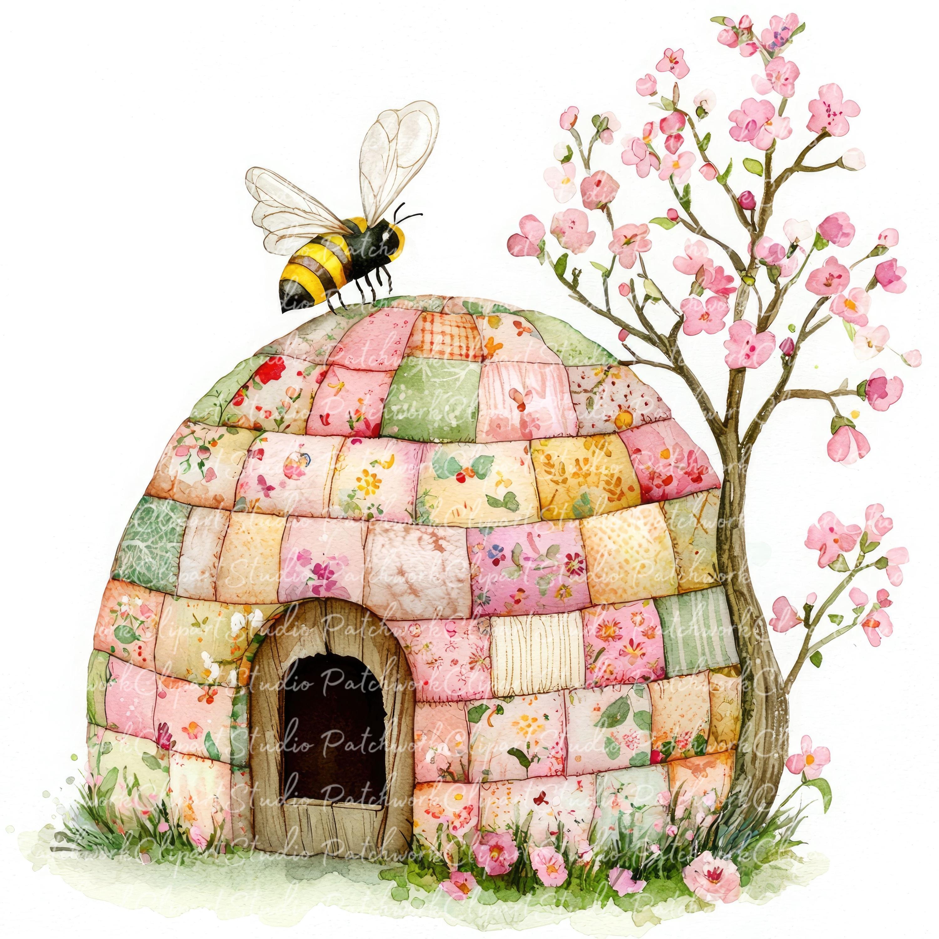 16 Spring Beehive Clipart Bundle, PNG & JPG, Printable Patchwork, Bee ...