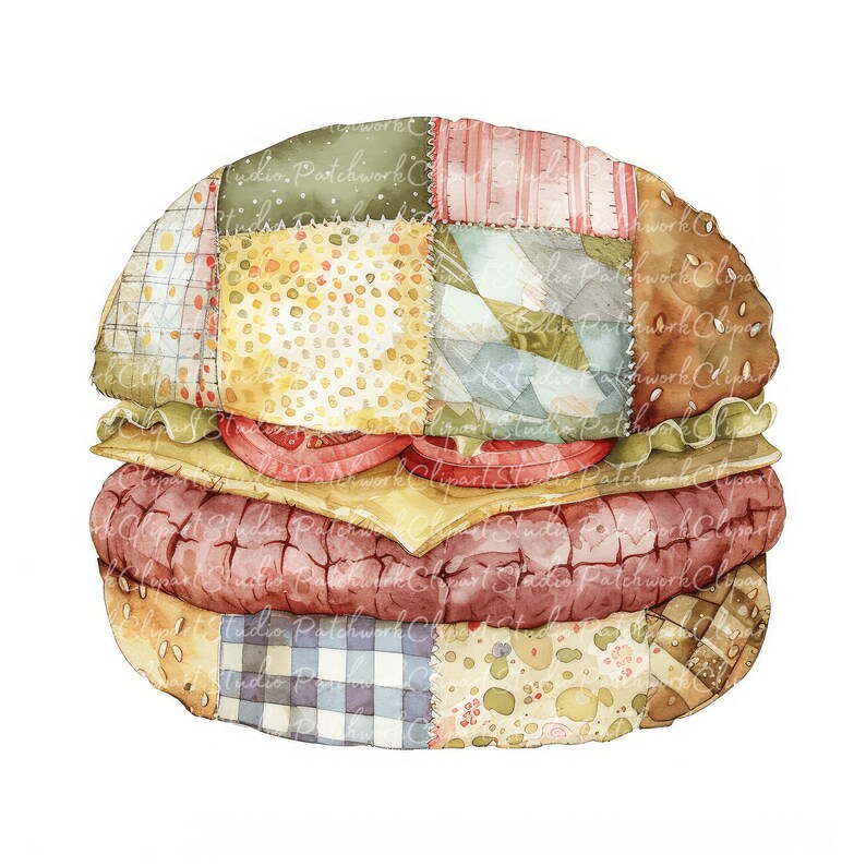 10 Hamburgers Clipart Bundle, PNG & JPG, Printable Patchwork Burger ...