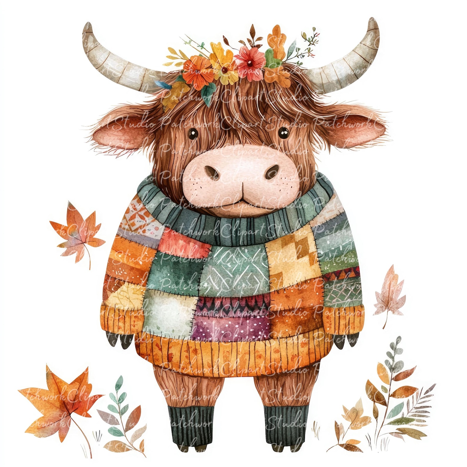 10 Autumn Highland Cow Clipart Bundle, PNG & JPG, Printable Patchwork ...