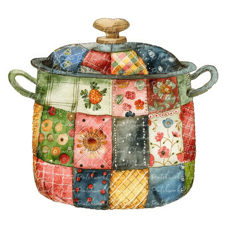10 Cooking Pots Clipart Bundle, PNG & JPG, Printable Patchwork Pot, Illustrations, Digital ...