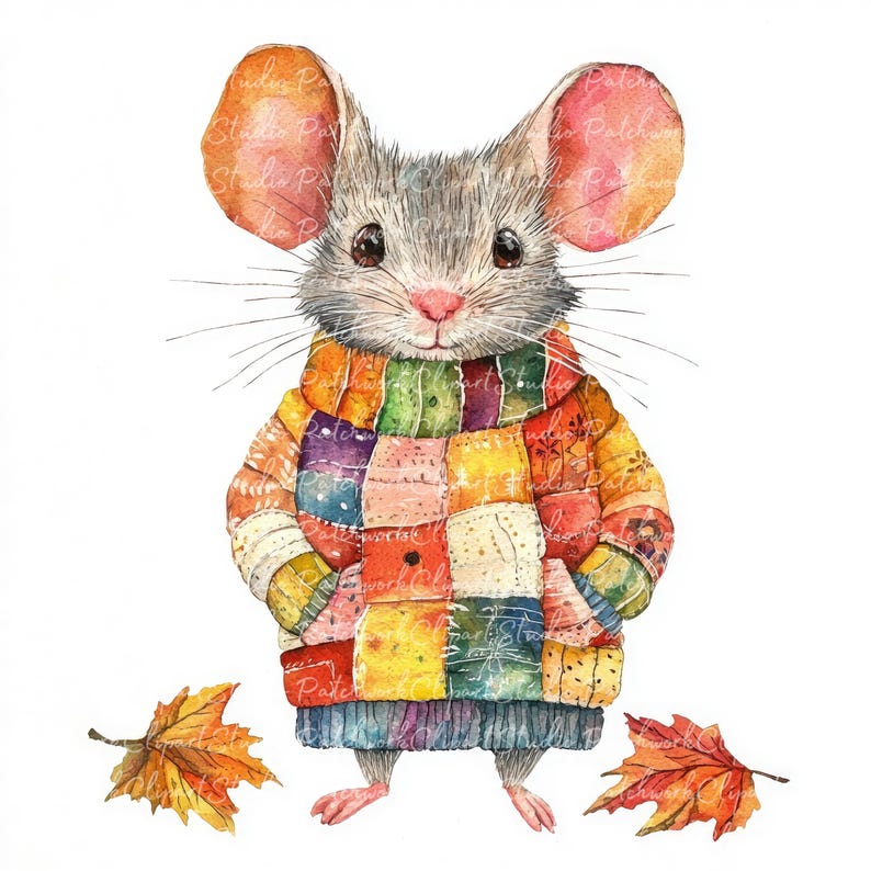 10 Autumn Mouse Clipart Bundle, PNG & JPG, Printable Patchwork, Mouse ...
