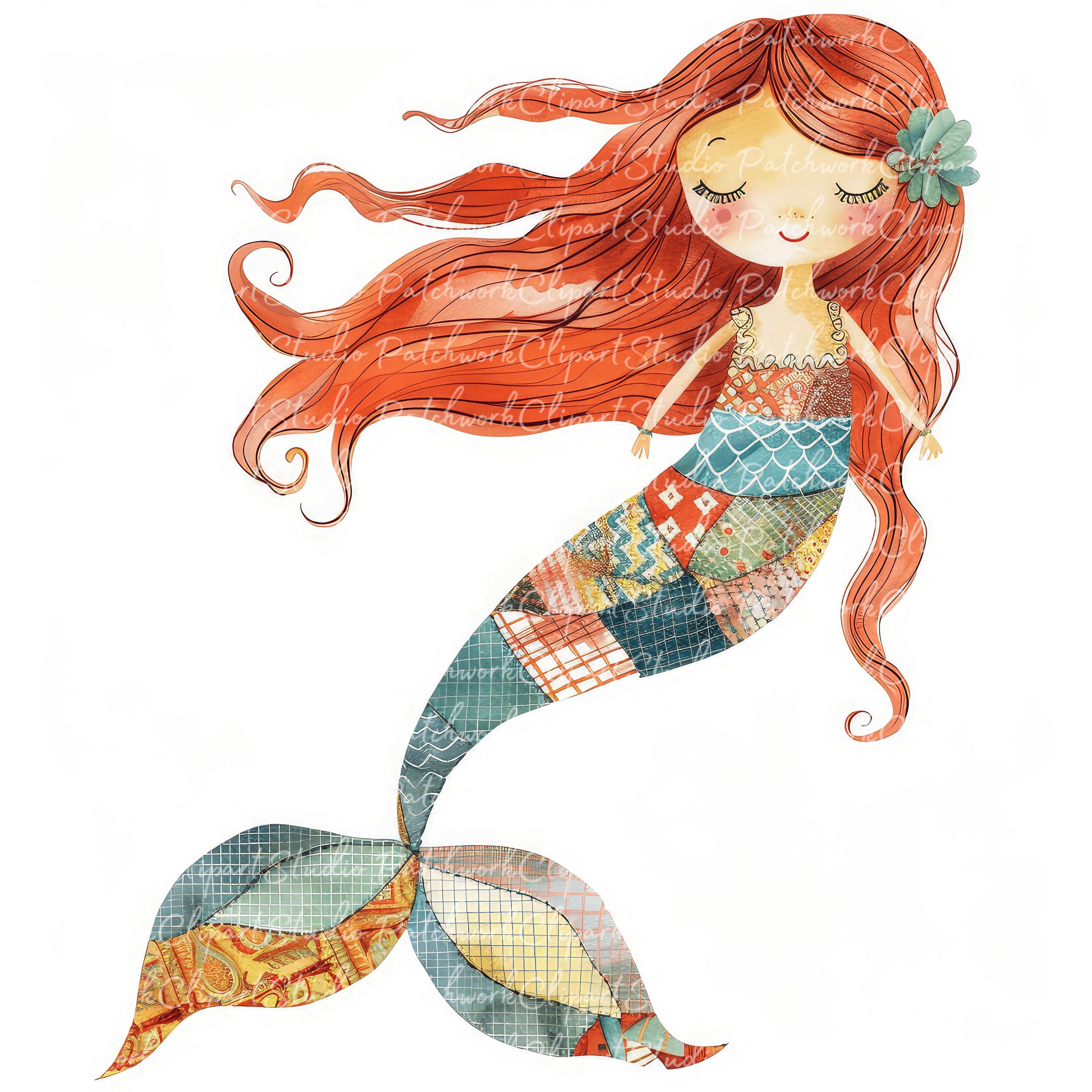 10 Mermaids Clipart Bundle, PNG & JPG, Printable Patchwork Mermaid ...