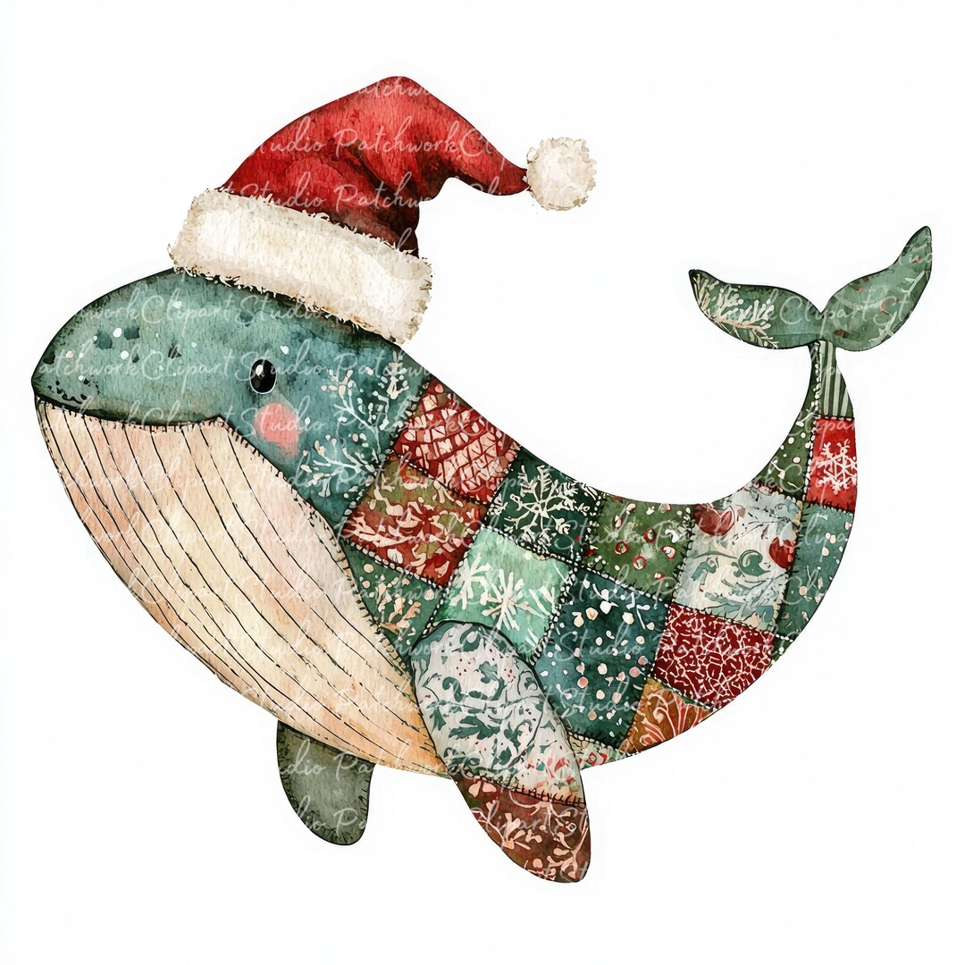 10 Christmas Whale Clipart Bundle, PNG & JPG, Printable Patchwork, XMAS ...