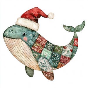 10 Christmas Whale Clipart Bundle, PNG & JPG, Printable Patchwork, XMAS ...