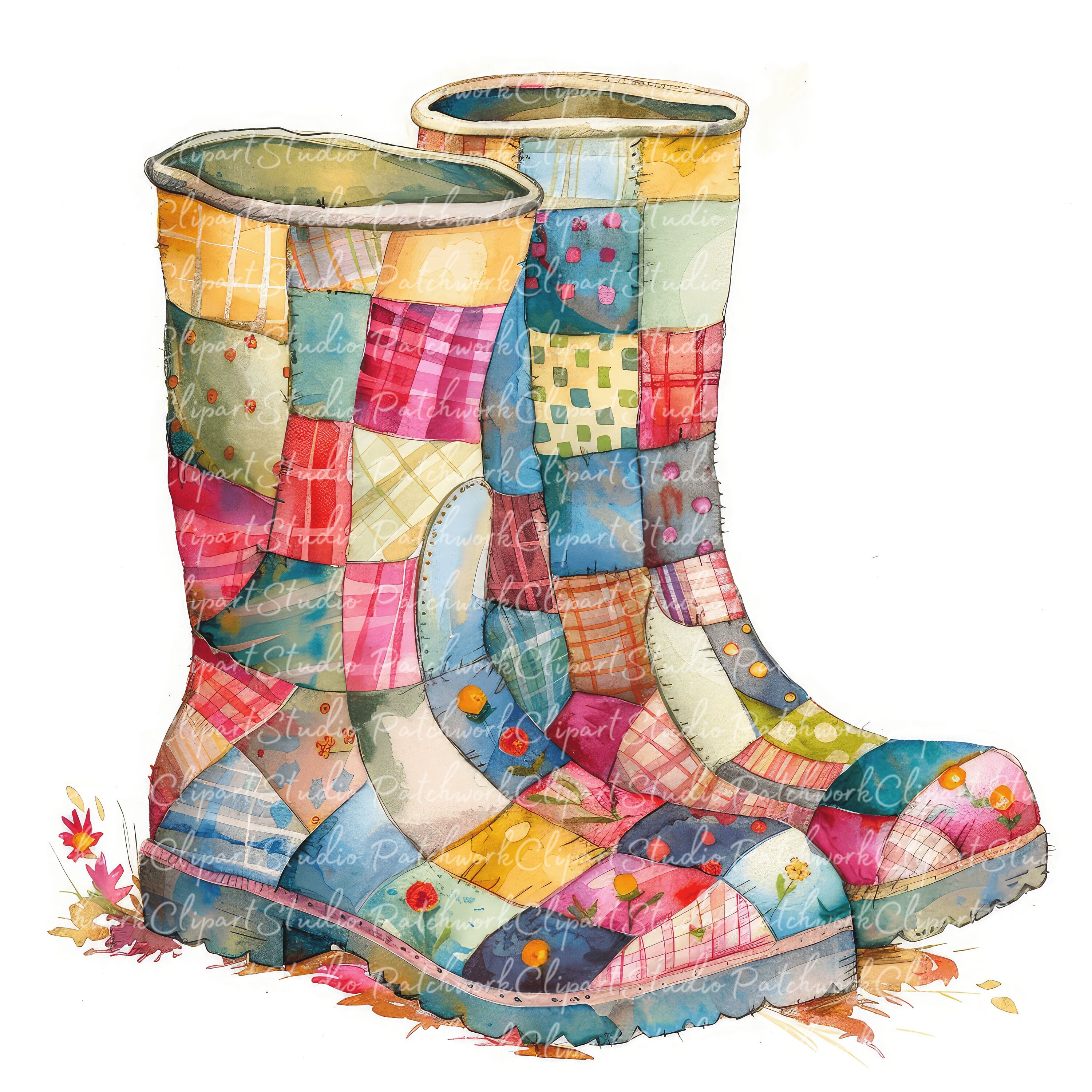 10 Rainboots Clipart Bundle, PNG & JPG, Printable Patchwork Rain Boots ...
