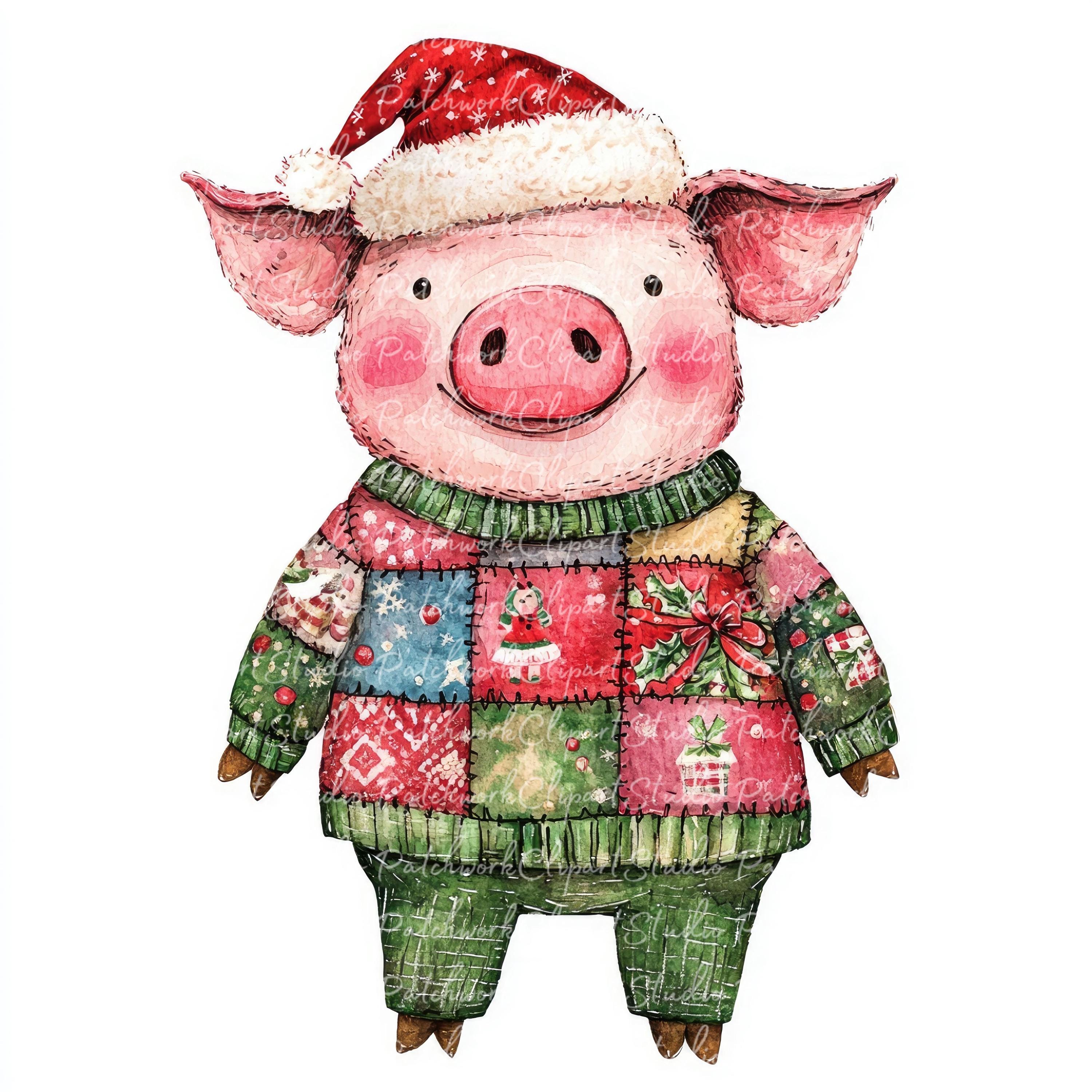 10 Christmas Pig Clipart Bundle, PNG & JPG, Printable Patchwork, XMAS ...
