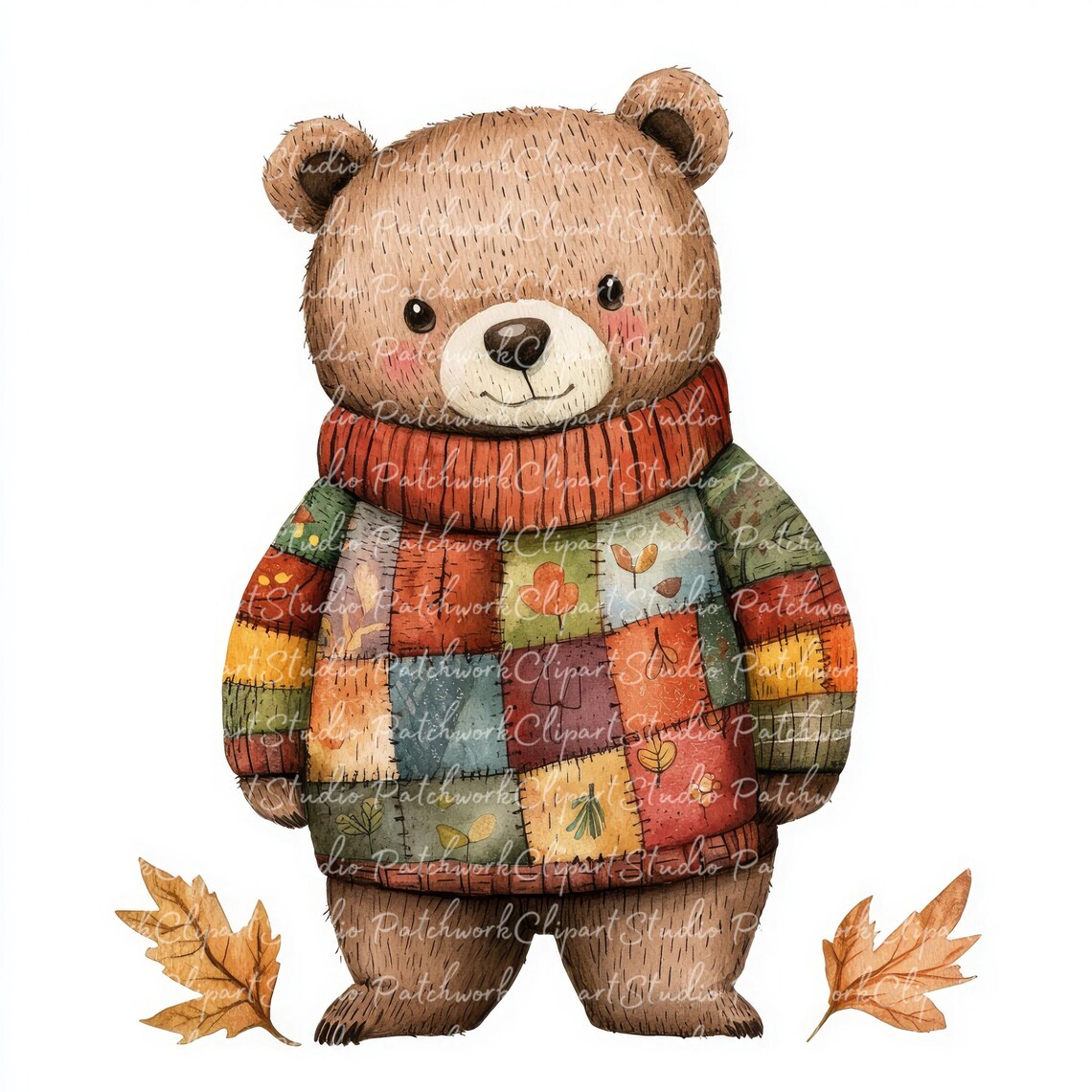 10 Autumn Bear Clipart Bundle, PNG & JPG, Printable Patchwork, Bear in ...