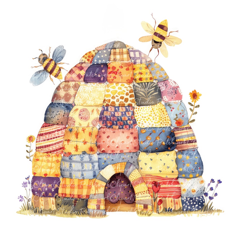 10 Beehives Clipart Bundle, PNG & JPG, Printable Patchwork Beehive, Illustrations, Digital ...