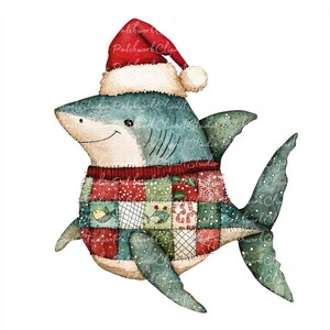 10 Christmas Shark Clipart Bundle, PNG & JPG, Printable Patchwork ...