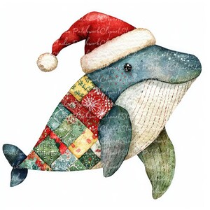 10 Christmas Whale Clipart Bundle, PNG & JPG, Printable Patchwork, XMAS ...