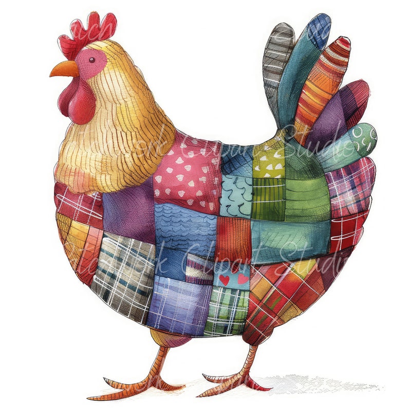 10 Chickens Clipart Bundle, Printable Patchwork Chicken, Quilted Fabric ...