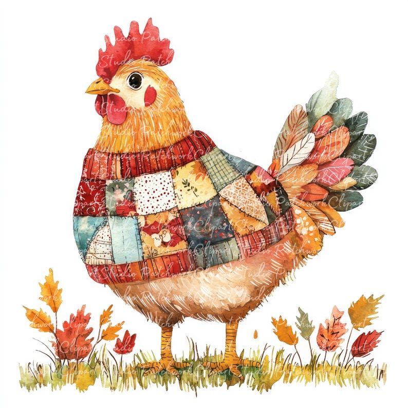 10 Autumn Chicken Clipart Bundle, JPG & PNG, Printable Patchwork ...