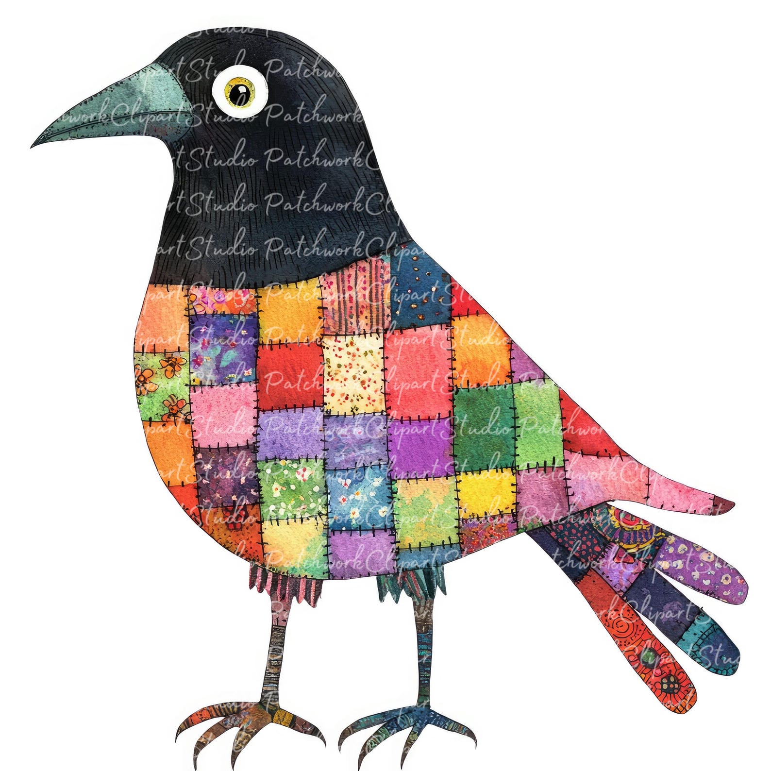 10 Colorful Crow Clipart Bundle, PNG & JPG, Printable Patchwork, Black ...