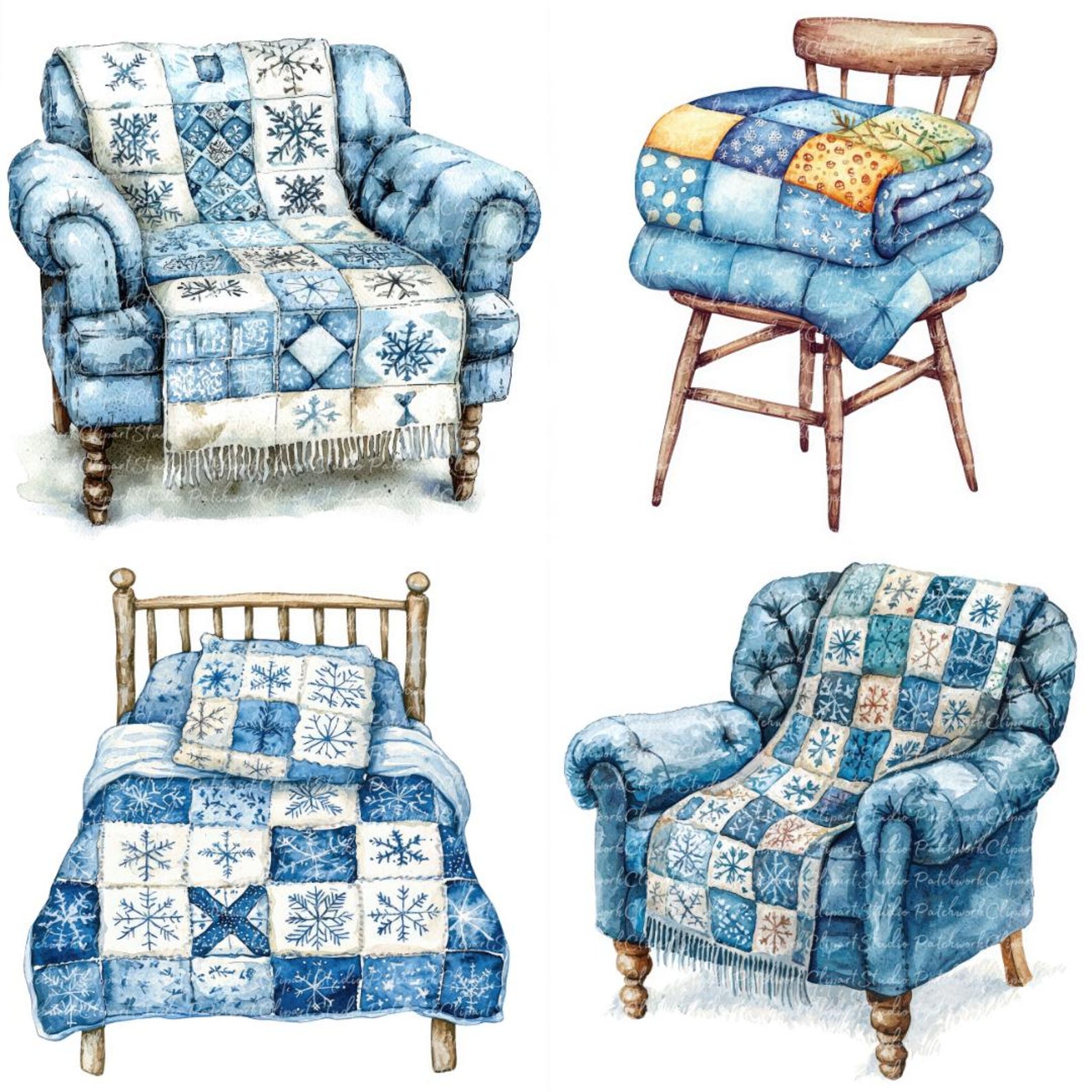 14 Quilted Blue Winter Blanket Clipart Bundle, PNG & JPG, Printable ...
