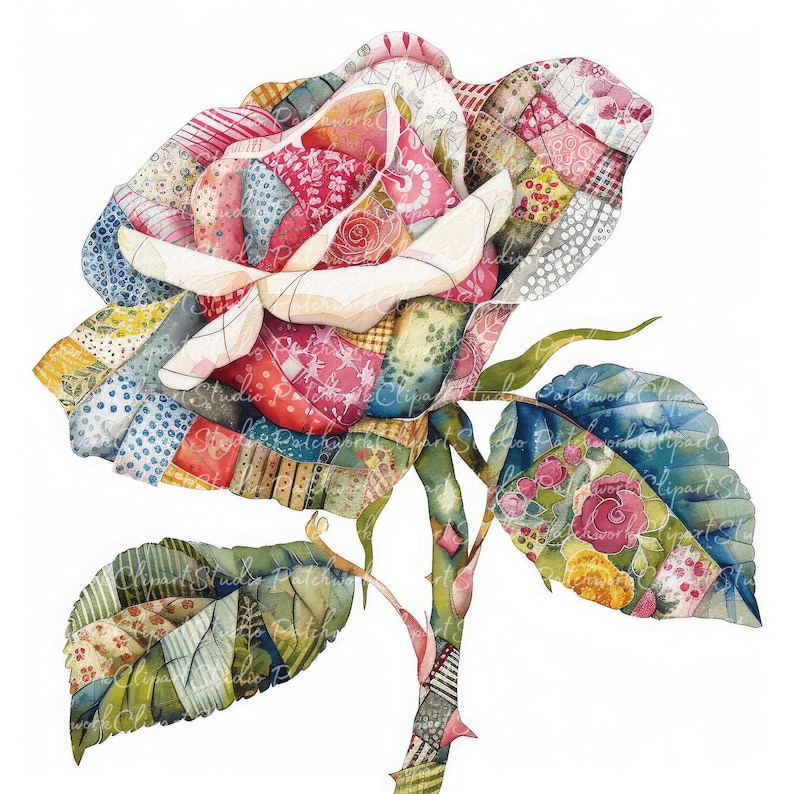 10 Roses Clipart Bundle, PNG & JPG, Printable Patchwork Rose ...